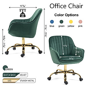 NORDICANA 360° Home Office Chair Ergonomic Task Chair, Swivel Desk Chair, Upholstered Velvet Computer Chair, Gold Metal Base, Dark Green