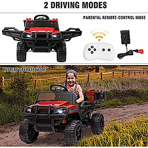TOBBI 12V Kids Ride on Truck with Remote Control Battery Powered Toy Tractor with Trailer in Red