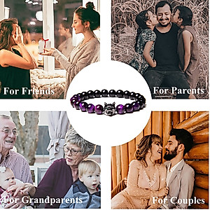 HESHPAWS Wolf Head Charm Amethyst Crystal Bracelet 8mm Round Beads Tiger Eye Bracelets Energy Lava Stone Beaded Bracelets