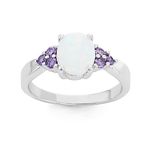 Sterling Silver Oval Created White Opal & Amethyst CZ Ring (Size 8)