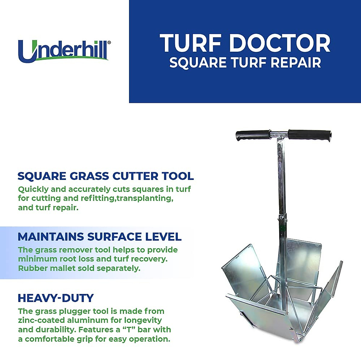 Underhill TTD Doctor Lawn Repair Turf Cutting Grass Plug Tool Transplanting Aerator Cut and Refit, Aluminum Square 9 Inch TTD-9