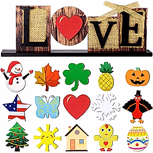 Interchangeable Love Sign Home Decor with 15 Pieces Seasonal Icons Wood Letter Table Standing Desk Sign for Valentine's Day Living Room Fireplace Home Decoration