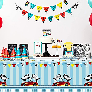 BkeeCten 3PCS Racing Car Party Tablecloth Decoration Checkered Flag Race Car Disposable Plastic Rectangular Table Covers for Kids Boys Birthday Racing Car Party Baby Shower Decor Supplies, 54X108inch