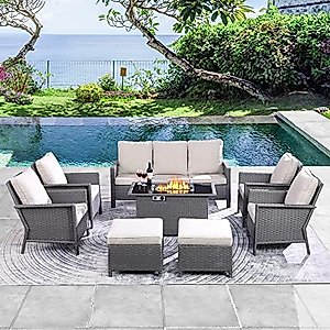 8-Piece Outdoor Patio Furniture Set with 44" Gas Fire Pit Table, PE Wicker Patio Conversation Sets Cushioned Seat Couch Outdoor Sectional Chair Sofa Set with Thick Cushions for Yard Garden Porch
