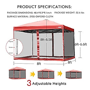 VIVOHOME 210d Oxford Easy Pop Up Canopy, 8x8 Outdoor Screen Tent with Mesh Mosquito Netting Side Walls for Camping Picnic Party Deck Yard Events,Red