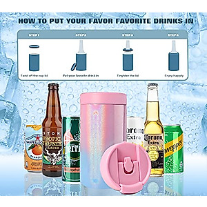 4 in 1 Slim Can Cooler with Lid for 12 OZ Skinny Can, Regular Can & Beer Bottle, Keep Cold for 6 Hours, Double Walled Stainless Steel Vacuum Beverage Can Insulator(Glitter Gradient)