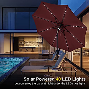 EAST OAK Patio Umbrella, 9 ft Outdoor Table Umbrella with 40 LED Solar Lights and 8 Ribs, 1.9inch Aluminum Pole, UPF 50+ Fade Resistant and Push Button Tilt for Deck and Poolside, Wine Red