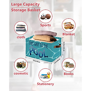 Blue Beach Storage Basket Waterproof Cube Storage Bin Organizer with Handles, Summer Seaside This Way to The Pool Collapsible Storage Cubes Bins for Clothes Books Toys 15"x11"x9.5", 1 Pcs