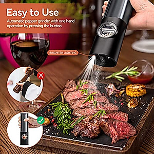 [2023 𝐔𝐩𝐠𝐫𝐚𝐝𝐞𝐝] Electric Salt and Pepper Grinder Set Rechargeable, No Battery Needed, One Hand Operation, Automatic Pepper Mill Refillable, Stainless Steel, Adjustable Coarseness, LED Light