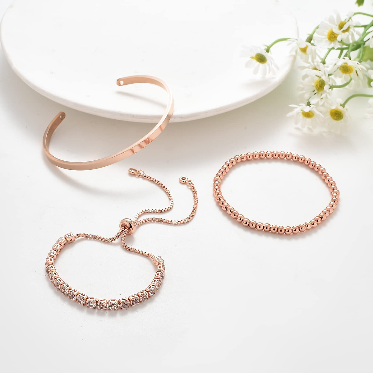 Starain Tennis Bracelets for Women White Cubic Zirconia Bling Bracelet,Rose Gold Copper Beaded Bracelet Cuff Bracelet Set