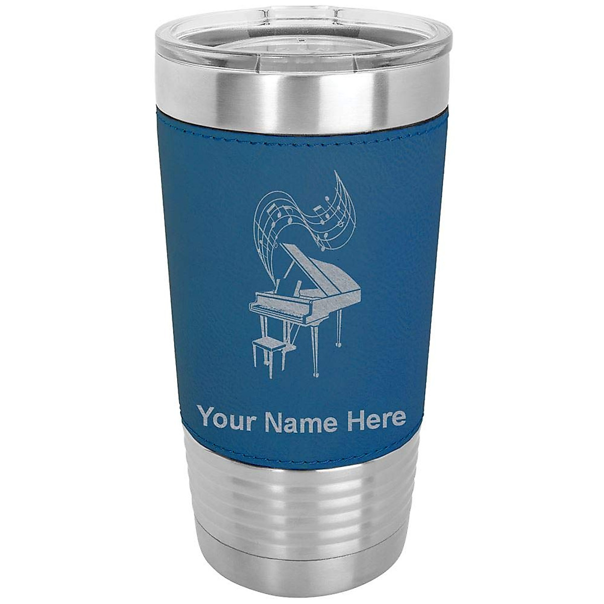 LaserGram 20oz Vacuum Insulated Tumbler Mug, Grand Piano, Personalized Engraving Included (Faux Leather, Blue)
