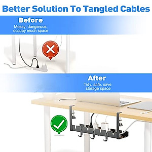 POKIPO Under Desk Cable Management Tray, Cable Management Under Desk, Retractable Under Desk Cord Organizer Wire Management No Drill Cable Tray with Clamp, Black Metal Rack Basket for Standing Desk