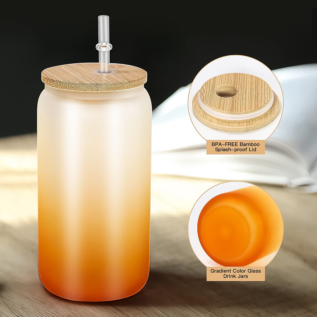 AGH 16oz Frosted Sublimation Glass Cups with Bamboo Lids and Straws, 5 Pcs Beer Can Glass Straight Sublimation Glass Tumbler, BPA-Free Glass Coffee Cups, Can Shaped Glass Cups - Gradient Orange