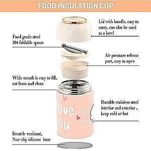 CUPADA I Love You Food Jar for Hot and Cold, Valentines Cat Paw Insulated Food Jars Vacuum 17OZ with Folding Spoon for Work Trip Picnic Camping