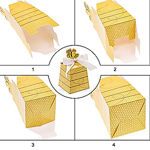 SumDirect Paper Beehive Gift Boxes - 50Pcs Wedding Favor Candy Boxes with Ribbons,Yellow Winnie The Pooh Baby Shower Bee Gift Box for Birthday Decorations