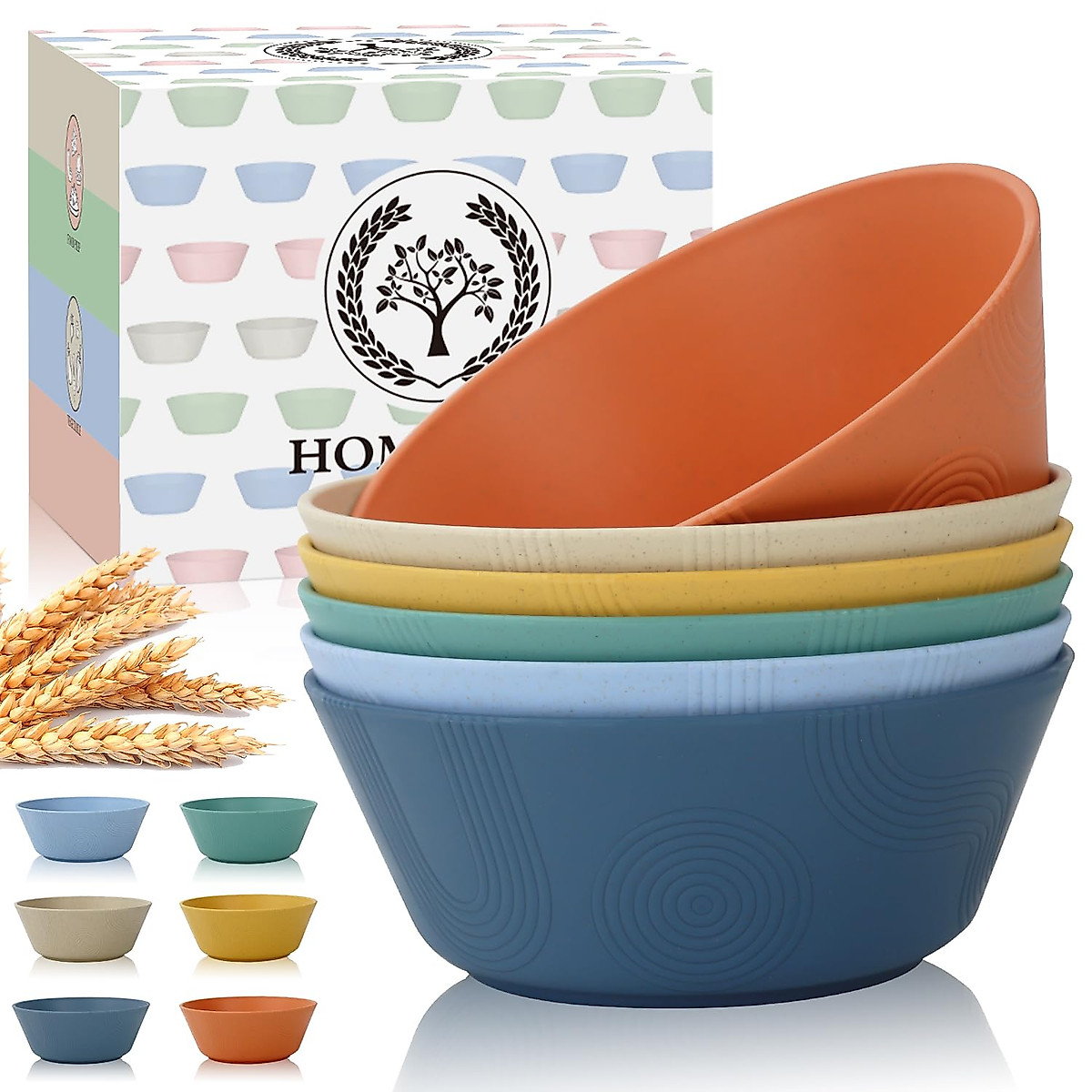 Homienly Wheat Straw Bowl Sets of 6-36oz Cereal Bowls with Textured Design,Microwave and Dishwasher Safe Bowls,Soup Bowl Sets Alternative for Plastic Bowls for Serving Soup,Salad - Multi