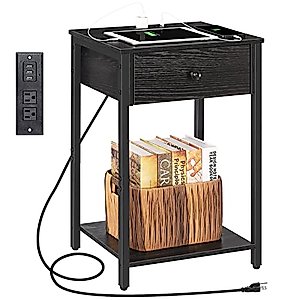 melos Nightstand with Charging Station and USB Ports, Bed Side Table/Night Stand with Drawer and Storage Shelf, 2 Tier End Table for Small Spaces, Side Tables for Bedroom, Living Room, Black