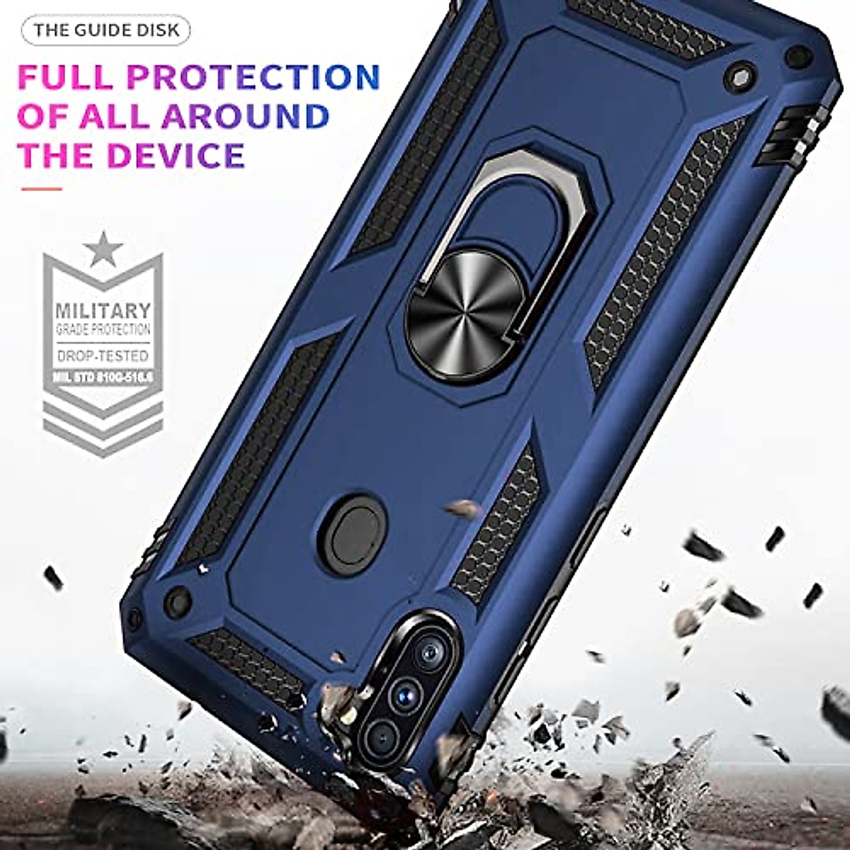 STARSHOP Samsung Galaxy A11 Phone Case, Samsung A11 Phone Case, with [Tempered Glass Screen Protector Included] Military Grade Shockproof Protective Phone Cover with Metal Ring Kickstand -Navy