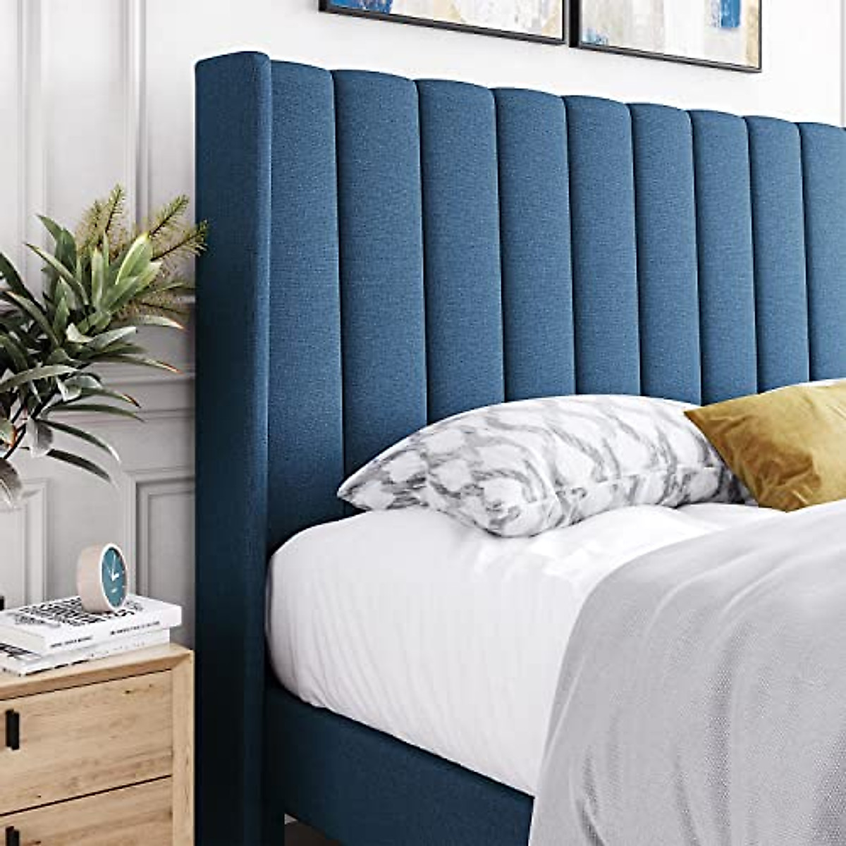 Yaheetech Upholstered Platform Bed with Wing Edge Channel Tufted Headboard Mattress Foundation/Heavy Duty Wooden Slat Support/No Box Spring Needed, Easy Assembly, Navy Blue, Queen Size