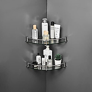 Paradmas Glass Corner Shower Shelf 2 Pack - Shower Caddy Tempered Glass Shower Rack with Rails SUS 304 Wall Mounted Bathroom Shower Organizer for Inside Shower, 24cmx24cmx6mm, Silver