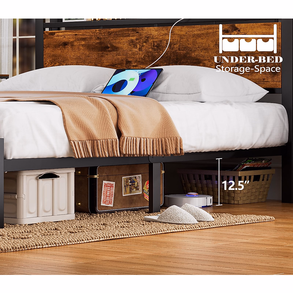 Furnulem Full Bed Frame with LED Lights,Industrial Storage Headboard with Charging Station,USB Port,Under Bed Storage,Wood Platform with Strong Metal Support,No Box Spring Needed, Silent