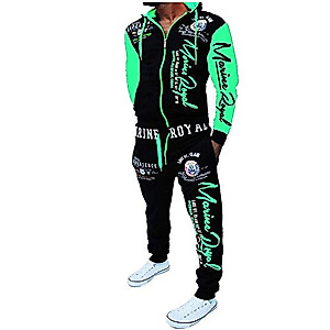 HHGKED Men 's Casual Tracksuit Hooded Full Zip Elastic Waistband Sweatsuit Set (Green, XXL)