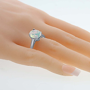 Gem Stone King 925 Sterling Silver White Simulated Opal and White Diamond Women Solitaire Ring (2.03 Ct Oval Cabochon 11X9MM, Gemstone Birthstone, Available In Size 5, 6, 7, 8, 9)