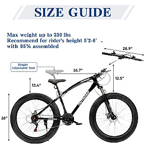 Max4out 26 inch Fat Tire Mountain Bike, 21 Speed with Dual Front Suspension, Double Disc Brake and High Carbon Steel Frame Anti-Slip Bicycle, Mens and Womens, Black