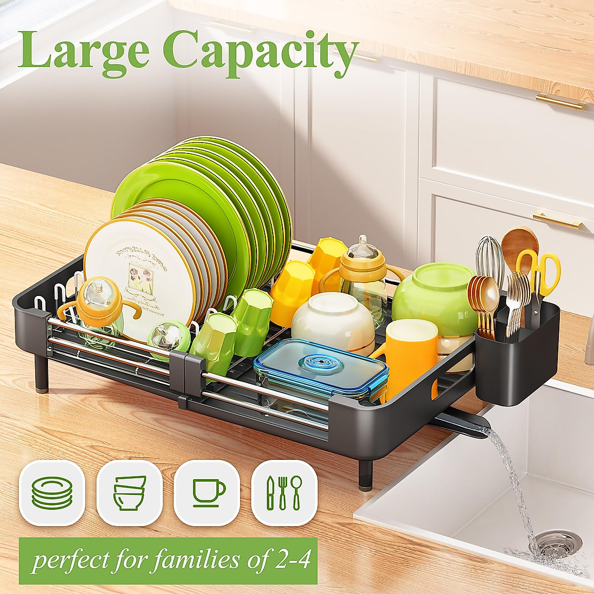 Dish Drying Rack, Kitchen Counter Dish Drainers Rack, Auto-Drain Expandable(13.2"-19.7") Stainless Steel Large Strainers Over Sink Drying Rack Drainboard with Utensil Holder Caddy Organizer, Grey