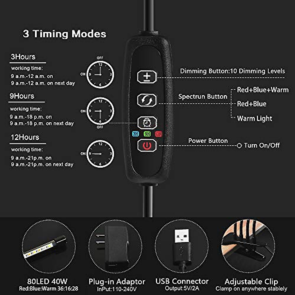LEOTER Grow Light for Indoor Plants - Upgraded Version 80 LED Lamps with Full Spectrum & Red Blue Spectrum, 3/9/12H Timer, 10 Dimmable Level, Adjustable Gooseneck,3 Switch Modes
