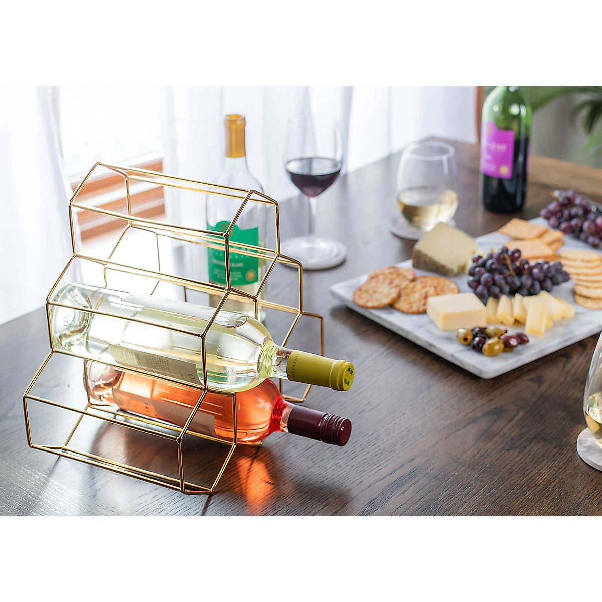 NAT & Jules Honeycomb Gold Tone Iron Metal Tabletop Wine Rack - Holds 6 Bottles