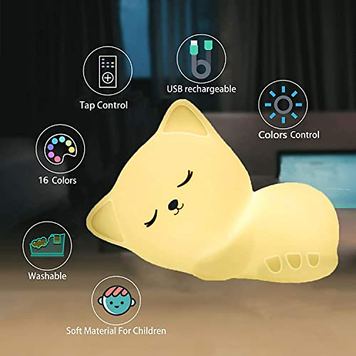 YOTOZU Cat Lamp Kitty Night Light, USB Rechargeable Cute Cat Night Light, 16 Colors Breathing Modes Kid Night Light for Girls, Childrens, Toddler, Baby, and Kids Christmas Gifts