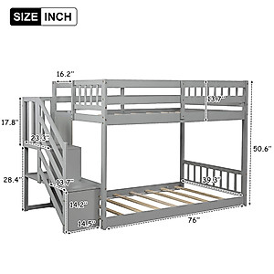 Flieks Bunk Bed with Storage Staircase, Twin Size Bunk Bed for Kids, Teens, No Box Spring Needed (Gray)