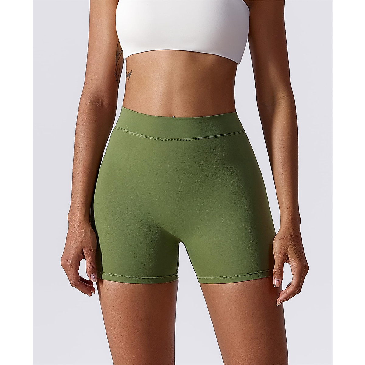 ABOCIW Biker Shorts for Women Buttery Soft V Back Scrunch Butt Workout Shorts High Waist Booty Yoga Shorts Tummy Control Running Athletic Gym Shorts Army Green Medium