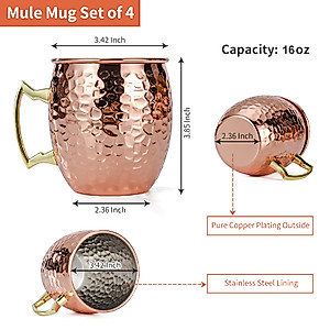 Amrules Moscow Mule Mugs Set of 4, 16 oz Hammered Copper Cups with 304 Stainless Steel Lining and Gold Brass Handles, Perfect for Cold Drinks, Beer, Wine, Bars, Parties, Gifts