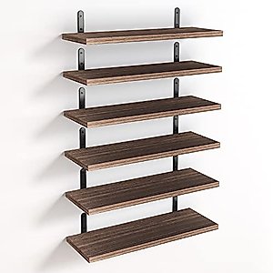 Fixwal Floating Shelves, Rustic Wood Wall Shelves Set of 6, Shelves for Wall Decor, Farmhouse Style for Bedroom, Living Room, Kitchen, Bathroom, Office and Plants (Dark Carbonized Black)