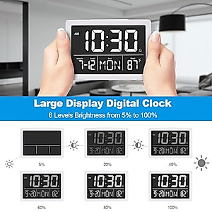 Amgico Digital Alarm Clock with Snooze, Small Clock/Table Clock, 6.3" LED Digital Calendar, 12/24H, Adjustable Brightness/Volume, Desk Clock for Bedroom, Living Room, Office - White