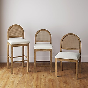 Nathan James Bailey Boucle Upholstered Rattan Bar Stool, Counter Height Stool with Natural Rattan Woven Back For Kitchen Island, Light Brown