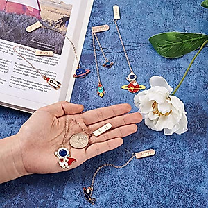 Beadthoven 8pcs Space Theme Metal Bookmarks with Chain Metal Enamel Charms Cute Astronaut Planet Rocket Metal Book Marker Page Clip Pendants for Student Kids School Office Book Reading Supplies