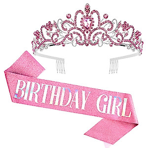 Birthday Tiara for Women, Tiara for Women Pink Rhinestone, Happy Birthday Girls Tiara for Women, Birthday Girl Crown, Birthday Princess tiara, Tiaras Birthday Queen Crowns with Birthday Girl Sash