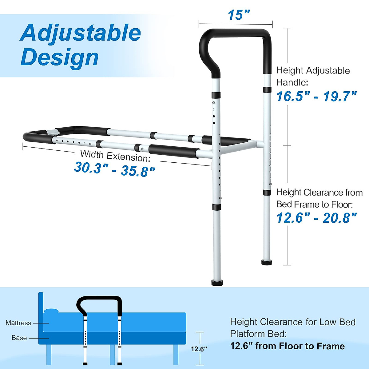 KingPavonini Bed Rails for Elderly Adults Safety - Adjustable Bed Cane with Non-Slip Ergonomic Handle and Storage Pocket, Stable Bed Assist Rails for Seniors Hold up to 300 Lbs, Tool-Free Assembly