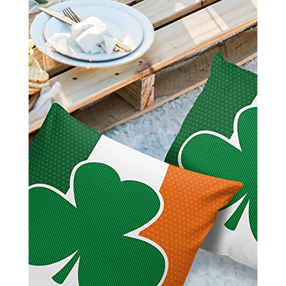 Vandarllin Outdoor Throw Pillows Covers 18X18 Set of 2 Waterproof Irish Flag Printed with Green Clover Leaf Decorative Zippered Lumbar Cushion Covers for Patio Furniture,
