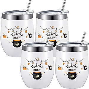 Geiserailie 4 Pieces Witch's Brew Halloween Wine Tumbler 12 oz Gift Mug Witch Room Decor for Witchcraft Women, Double Wall Vacuum Insulated Stainless Steel Coffee Mug with Lid Straw Brush