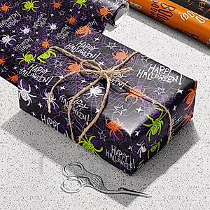 LDGOOAEL Wrapping Paper Roll with Cut Lines on Reverse - Mini Roll(17" X 120" Per Roll) - Purple Spider, Orange bat for Halloween, Birthday, Wedding, Baby Shower,Bridal Showers