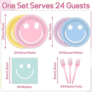 Justforjoyful 96Pcs Pastel Smile Face Party Decorations Paper Plates Napkin Preppy Smile Face Party Tableware Set Smile Face Dinnerware Supplies for Birthday Bachelorette Baby Shower Decor Serve 24