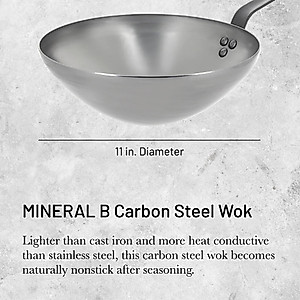 de Buyer MINERAL B Carbon Steel Wok Pan - 11” - Ideal for Steaming, Stir Frying & Deep Frying - Naturally Nonstick - Made in France