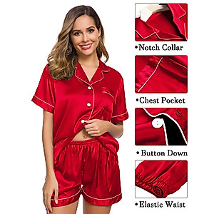 SWOMOG Womens 3pcs Pajamas Set Silk Satin Short Sleeve Sleepwear Button Down Loungewear Pjs Nightwear Red Medium