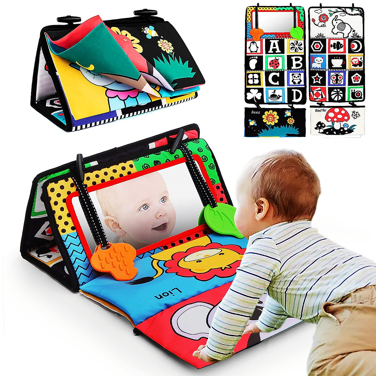 Baby Mirror Tummy Time Toys,High Contrast Crinkle Cloth Book Toys Visual Stimulation,Double Folding Baby Book Teething Toys,Sensory Toys Crawling Activity Mat Floor Mirror for Infants 3 6 12 Months