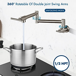 Cinwiny Pot Filler Wall Mount Kitchen Restaurant Sink Faucet Stainless Steel Stretchable Commercial with Brushed Nickel Free standing Bathtub Faucet Floor Mount Tub Filler Double Cross Knobs