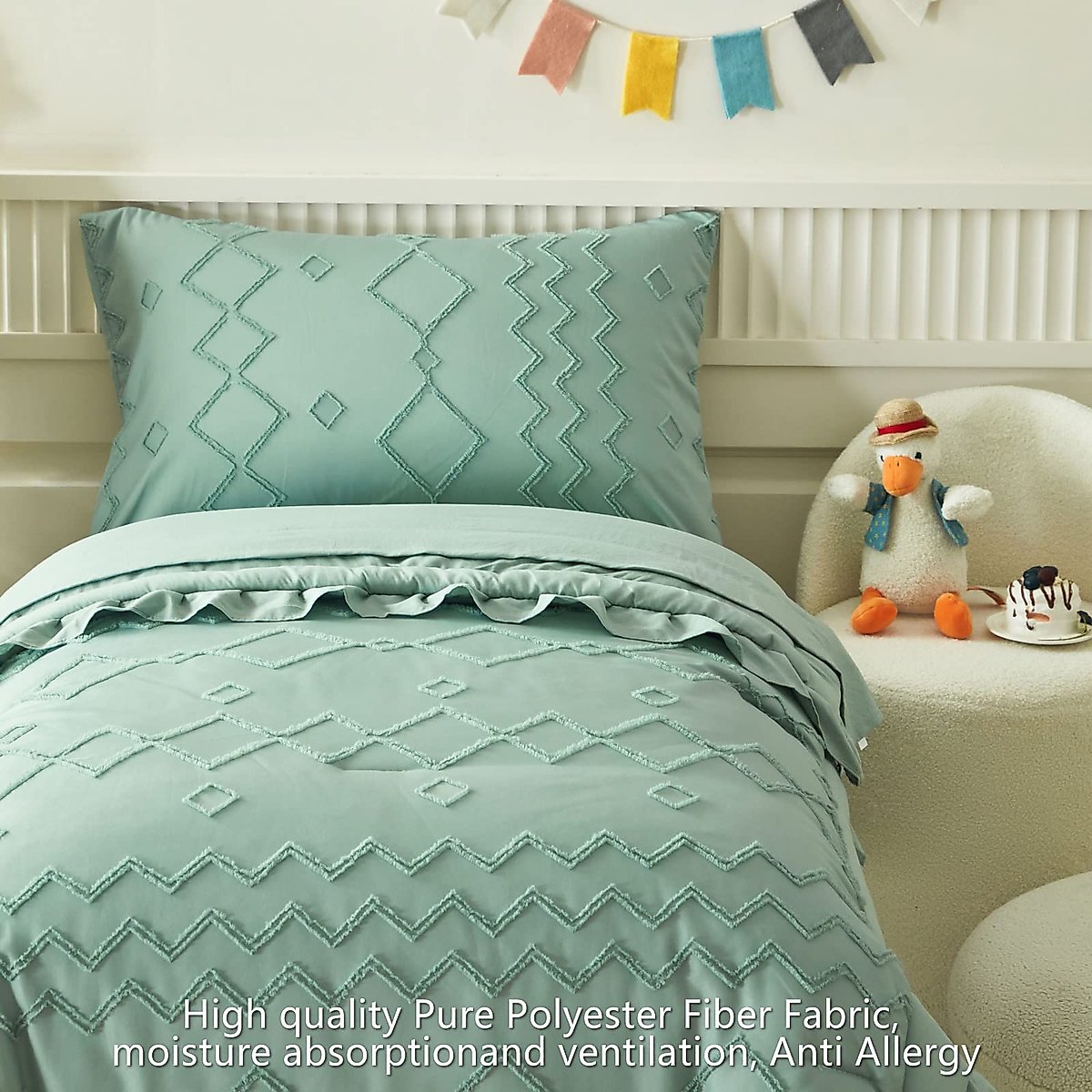 AIKASY Toddler Bedding Set 4 Pieces Super Soft Comforter Set, Shabby Boho Bohemian Design for Boys and Girls（Ruffle Fringe Comforter, Flat Sheet, Fitted Sheet and Pillowcase）- Green